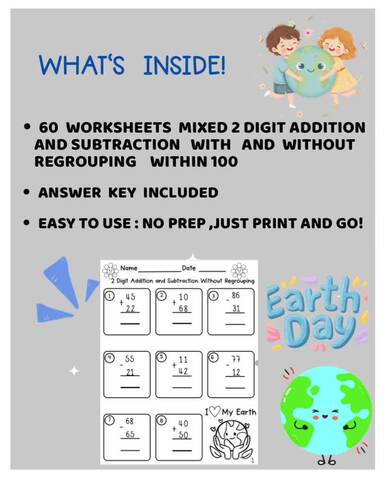 Earth Day Math 2 Digit Mixed Addition and Subtraction Worksheets | No Prep