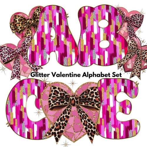 Pink Glitter Valentines day Alphabet bulletin board room décor, Leopard Bow