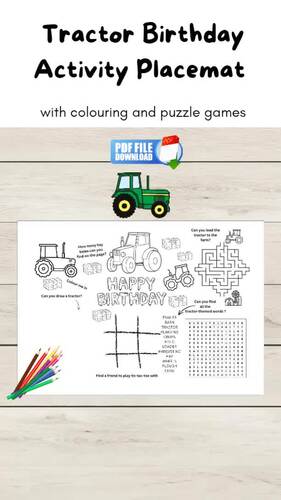 Tractor Birthday Activity Sheet, Party Placemat Printable, Coloring ...