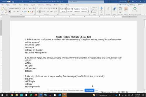 World History - Unit One - Ancient Civilizations Test w/ Study Guide