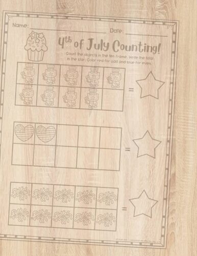 4th of July Ten Frame Counting to 10 Worksheets | Color by Even & Odd ...
