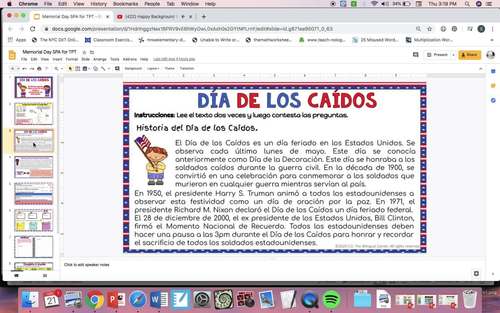 Memorial Day Reading in Spanish - Lectura sobre el dia de los caidos