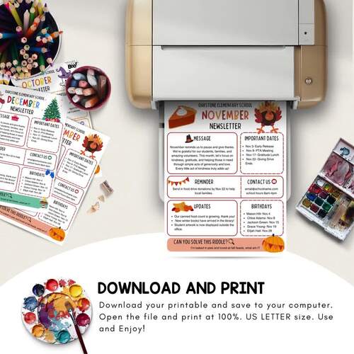 PTO PTA November Monthly Thanksgiving Newsletter Template Editable