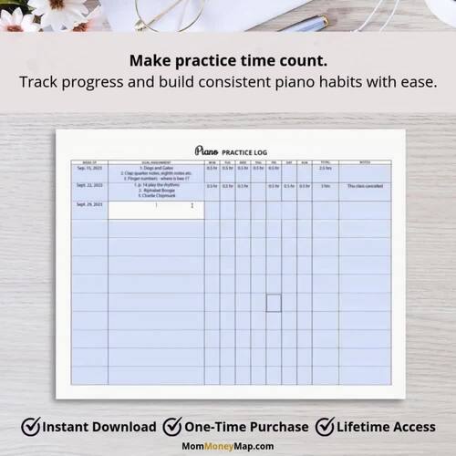 Piano Practice Log Printable PDF by Mom Money Map | TPT