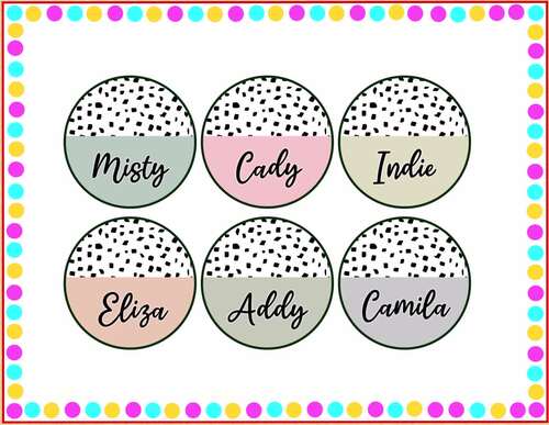 Printable Boho Spotty Student Name Tags, Boho Nametags, Round Name Cards
