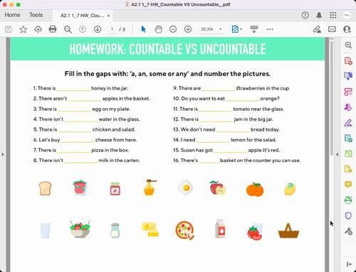 ESL Elementary Homework: Practise Countable vs Uncountable | TPT