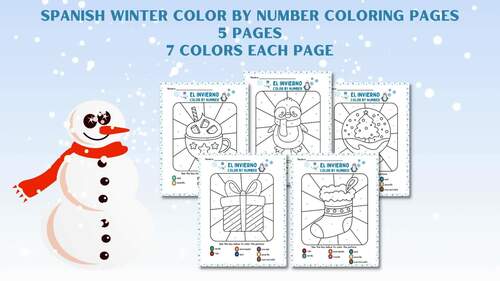 Spanish Winter Activities Color by Number Learn Colors Printables