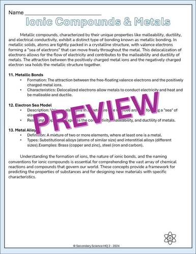 Ionic Compounds and Metallic Bonds | Chemistry Printable Study Guide ...