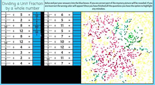 Dividing Unit Fractions by Whole Numbers Pixel Art Digital Activity