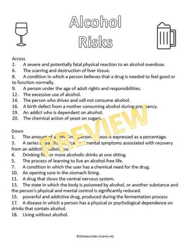 Alcohol Risks Vocabulary Crossword Puzzle & Word Search | Health