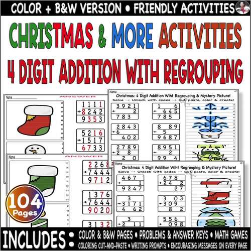 Christmas with regrouping 4 digit Addition game color cut paste code ...