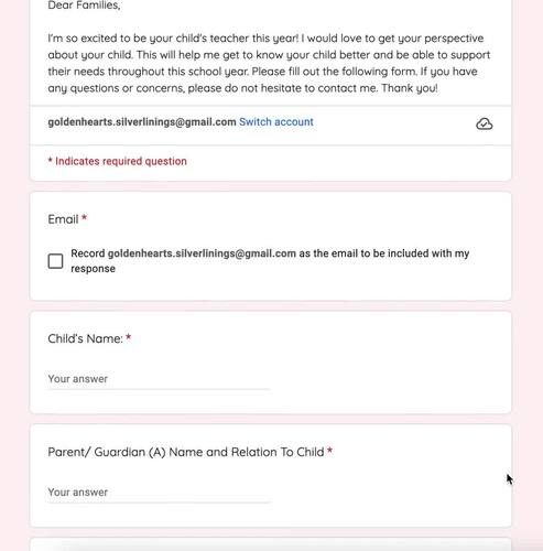 Child 3-2-1 Form | Back to School Info Form | Google Forms Included