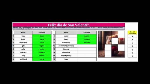 VALENTINE'S DAY -Mystery puzzle + vocab slides SPANISH by Yamilex Castillo