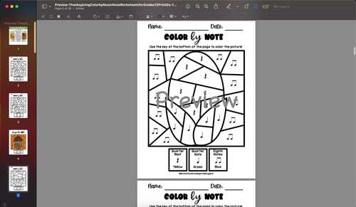 Thanksgiving Color by Music Note Worksheets for Grades 1-2 | Print + Go