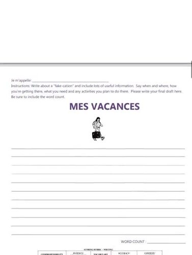 Les Vacances - French Vacation Writing Project with rubric & pre-write ...