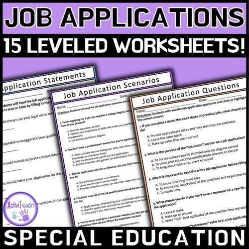 Job Application Worksheets for Special Education Life Skills Career ...