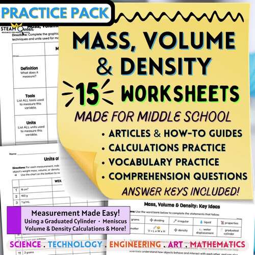 Mass Volume & Density: 15 Worksheets Answer Keys Test Prep Middle ...