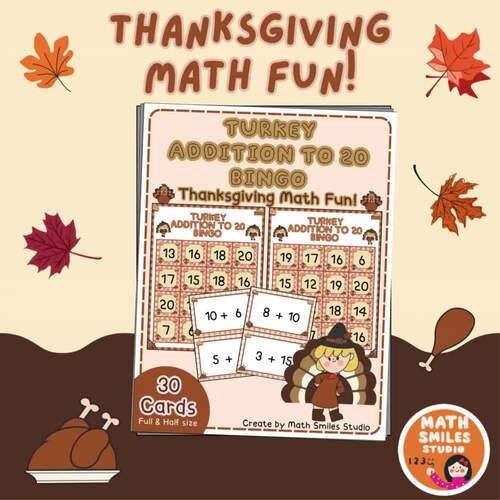 Turkey Addition to 20 Bingo (4x4) | Thanksgiving Math Game | 1st-2nd Grade