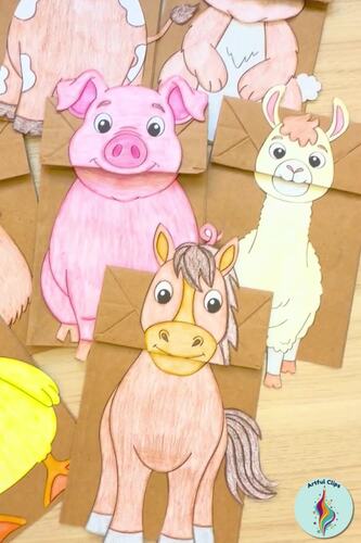 Farm Animal Paper Bag Puppet Templates, Color, Cut and Paste Fine Motor ...