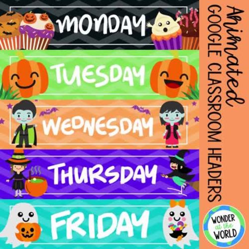 Halloween Google Classroom animated headers banners with days of the week