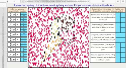 Digital Math Pixel Art Mystery 5th Grade TEKS 5.3.I Multiplying Fractions