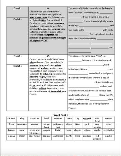 Grade 6 France Traditional Foods Student Handout by Core French One ...