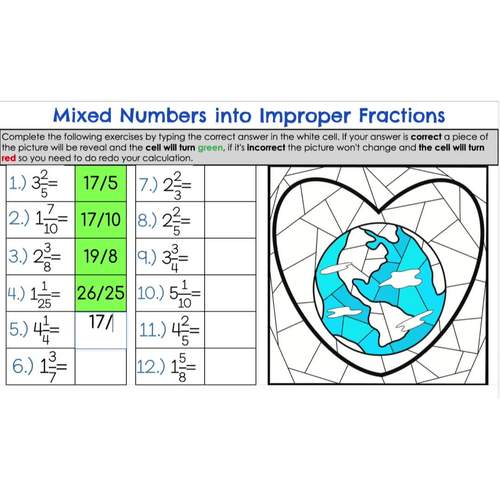 Earth Day Math: Mixed Numbers into Improper Fractions- Digital Coloring ...