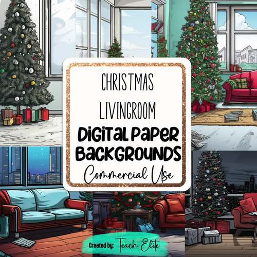 Christmas Living room digital paper color and Doodle Black and White Scene