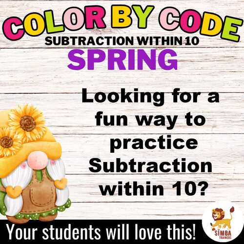 Color by Code - Subtraction within 10 (Spring) | Seasons - NO PREP Activity