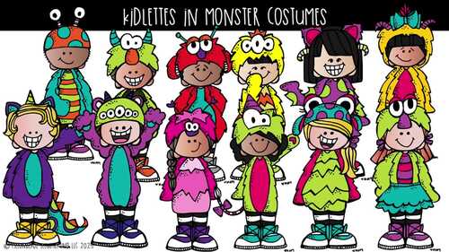 Kidlettes in Monster Costumes, Halloween clip art Monsters COLORED Version