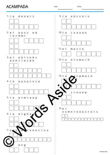 Spanish Word Games Copy Crossword Word Search Anagram CAMPING by Words ...