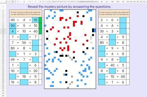 Digital Math Pixel Art Mystery Picture 3rd Grade 3.OA.4 Unknown Numbers