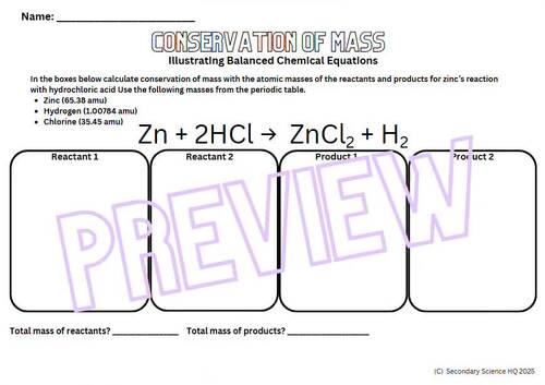 Modeling Conservation of Mass Printable PDF Worksheet by Secondary ...