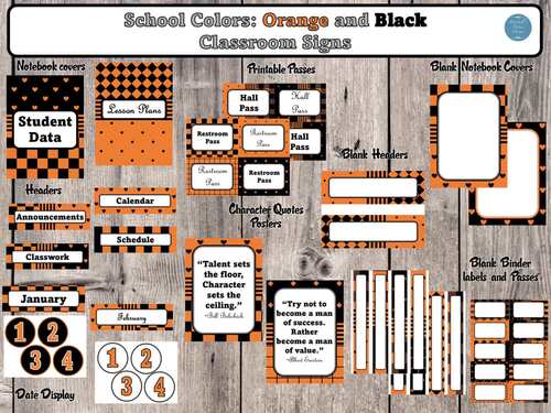 School Colors: Orange and Black Classroom Signs, Labels and Notebook Covers