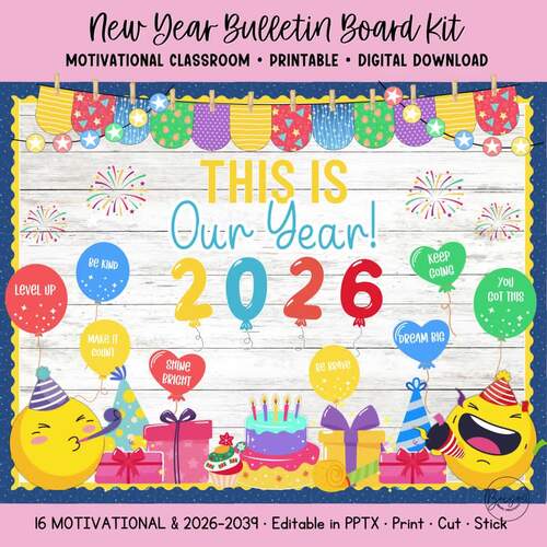 New Year Bulletin Board Kit 2026 | Motivational Classroom Decor | Editable
