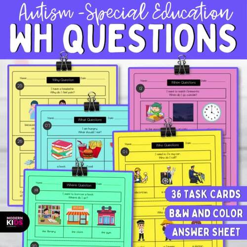 WH QUESTIONS Speech Therapy Task Card with Visuals Picture - Autism ...