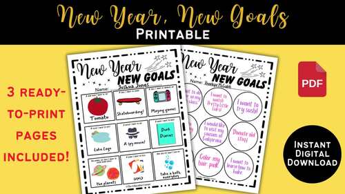 New Year, New Goals Printable, New Years Resolutions Worksheet, PDF
