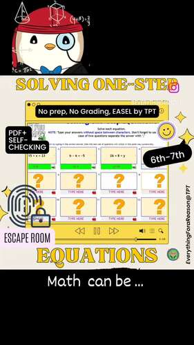 Solving One-Step Equations Review Escape Room Self-checking+PDF+Easel