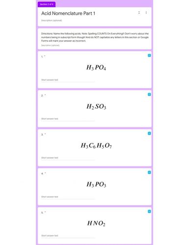 Chemistry - Nomenclature - Acid Compounds - 4 Google Forms Bundle