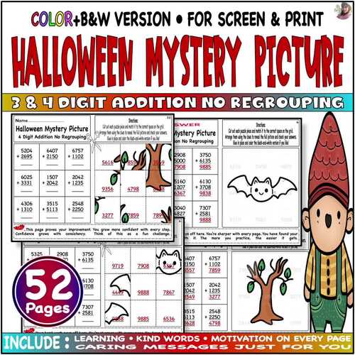 3 and 4 Digit Addition without Regrouping | Halloween Mystery Picture Math.