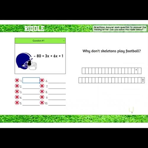 Football-Themed Riddles: Combining Like Terms by Jessylane318 | TPT