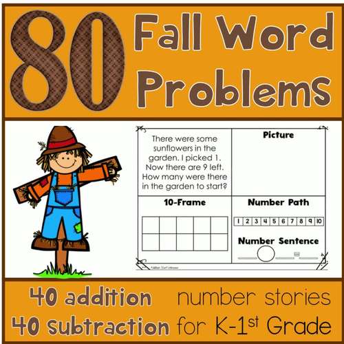 80 Fall Word Problems NO PREP Addition and Subtraction K-1st Grade