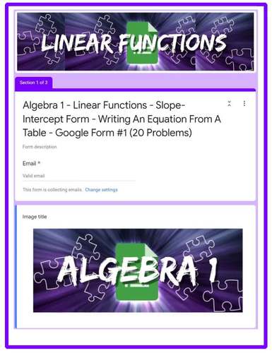 Algebra 1 - Linear Functions: Slope-Intercept Equations (Table) - 2 ...