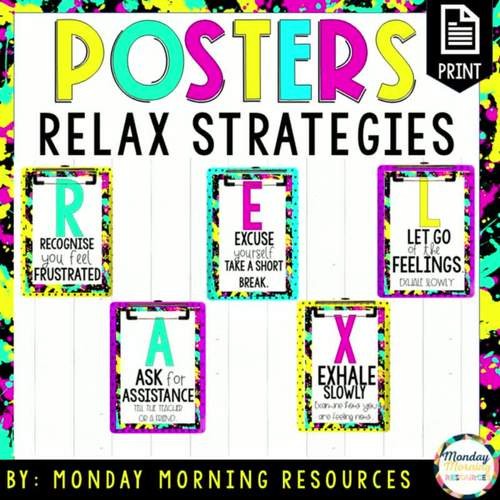 RELAX Classroom Posters - Calm Space Visuals- SEL Resource - Neon Theme