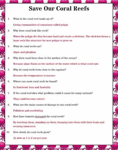 Save Our Coral Reefs Reading Comprehension Worksheets by Metacognitive ...
