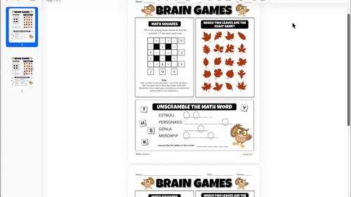 6th/7th/8th Grade Math November Fall Worksheet | Fun Brain Games Activities