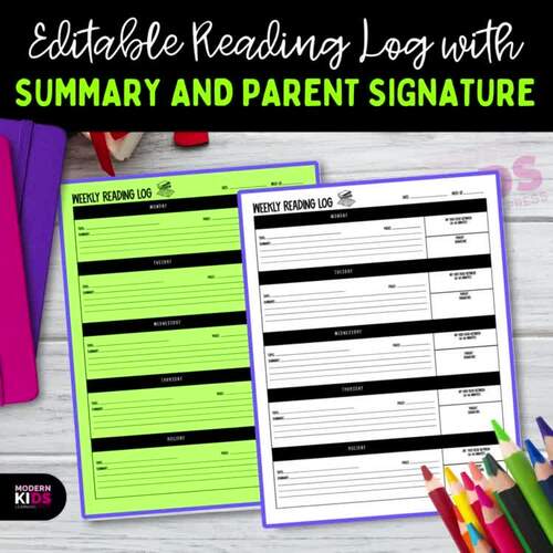 Editable Weekly Reading Log with Summary/Response Section and Parent ...