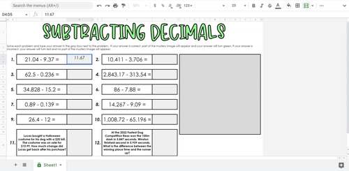 Subtracting Decimals Digital Mystery Puzzle Pixel Art | 5.NBT.7 | Halloween