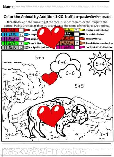 Plains Cree Buffalo (paskwâwi-mostos) Color by Addition 1-20 No Prep