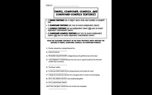 Grammar Worksheet | Sentence Types | Middle School | Printable | Sub Plan